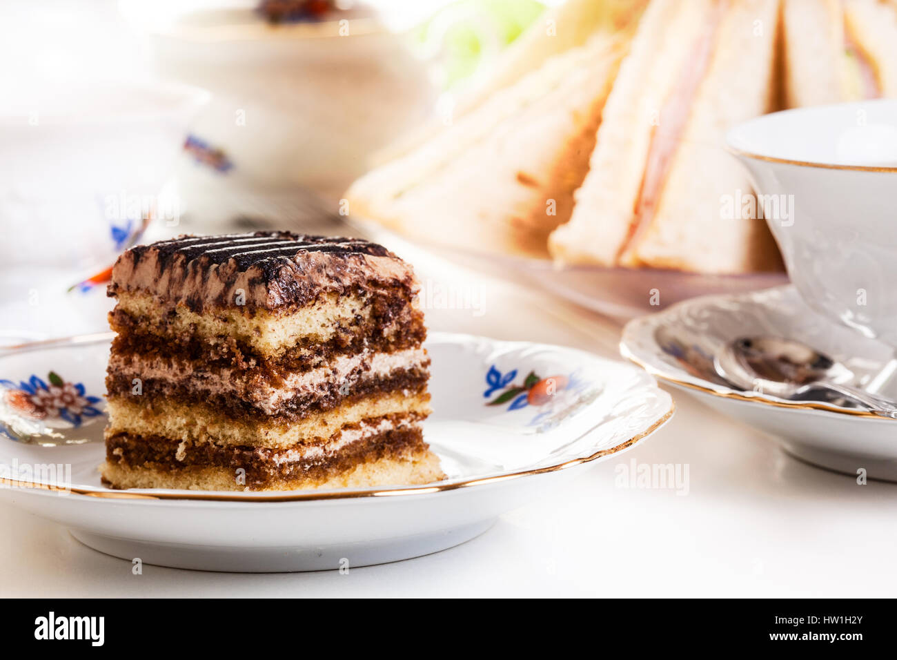 High tea set with dessert, afternoon tea set Stock Photo - Alamy