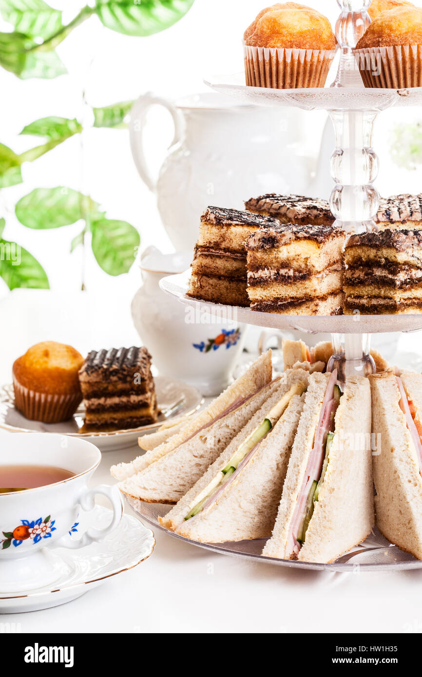 High tea set with dessert, afternoon tea set Stock Photo - Alamy