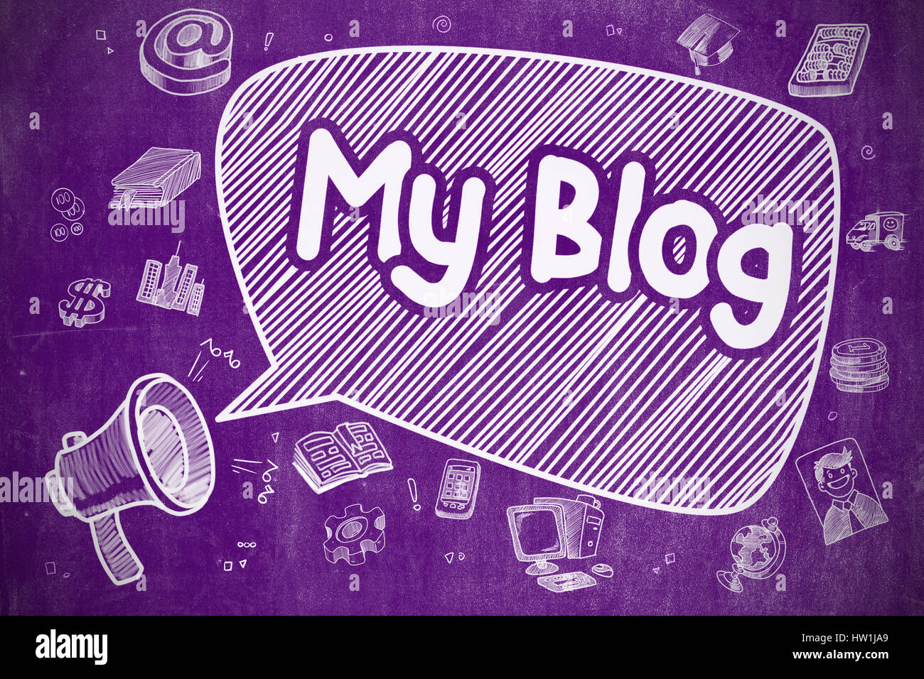 My Blog - Cartoon Illustration on Purple Chalkboard Stock Photo - Alamy