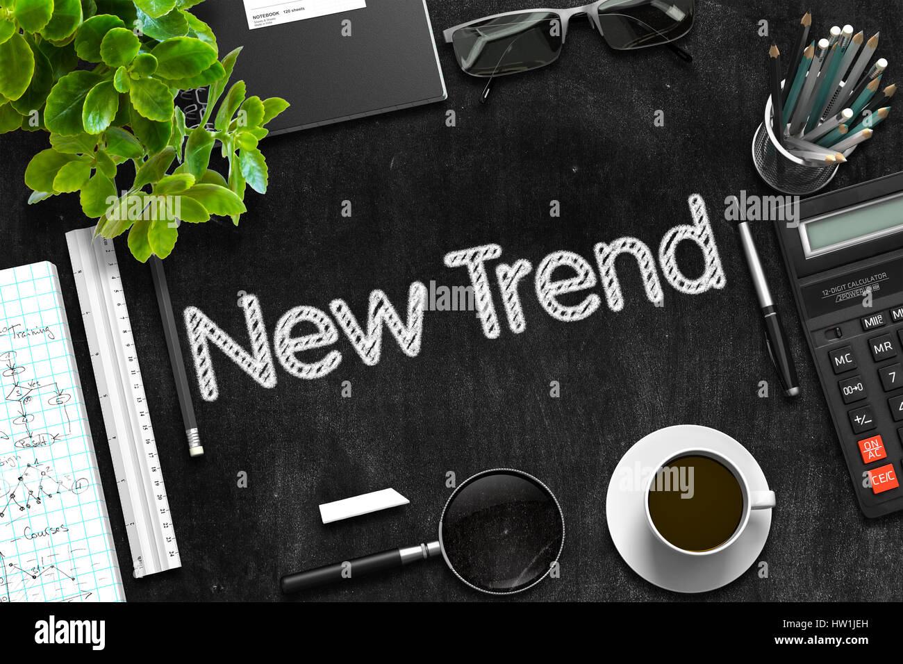 New Trend on Black Chalkboard. 3D Rendering Stock Photo - Alamy