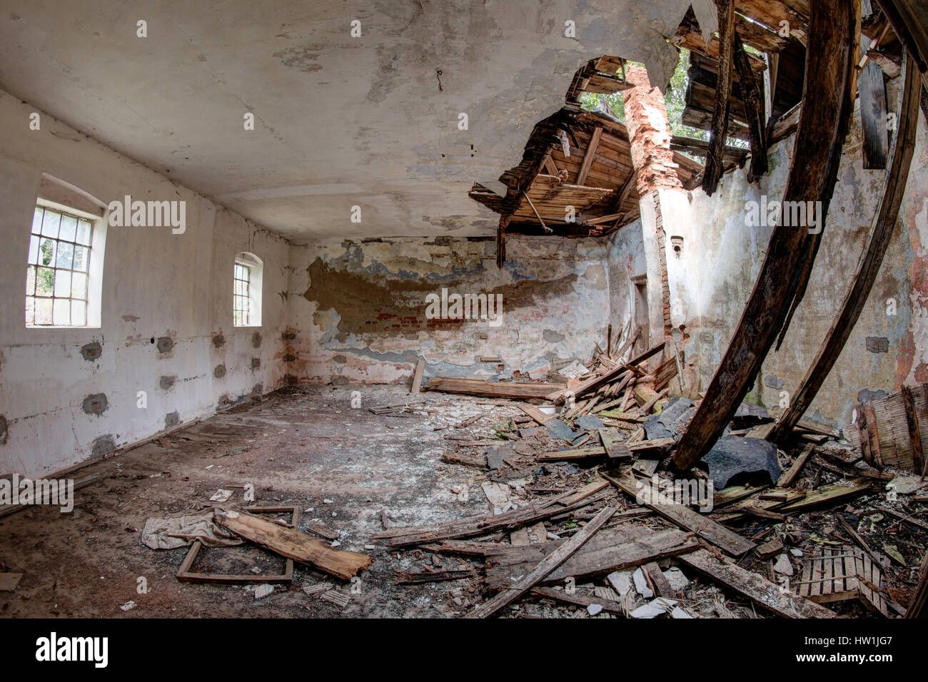Interior of the old, abandoned and crumbling building, Czech republic ...