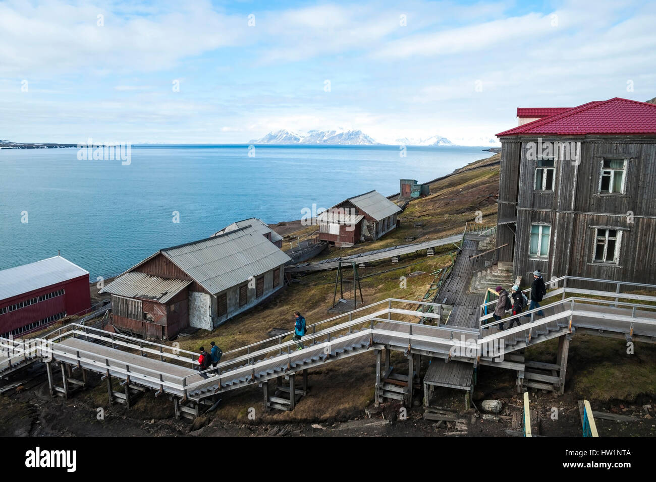 Stairway from the port to the city in Barentsburg, Svalbard, Norway ...