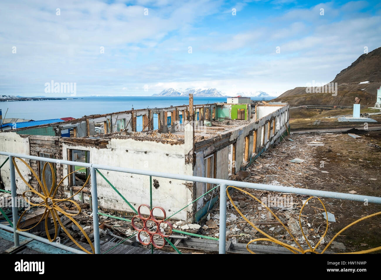 Destroyed buildings in Barentsburg, industrial russian city in Svalbard ...
