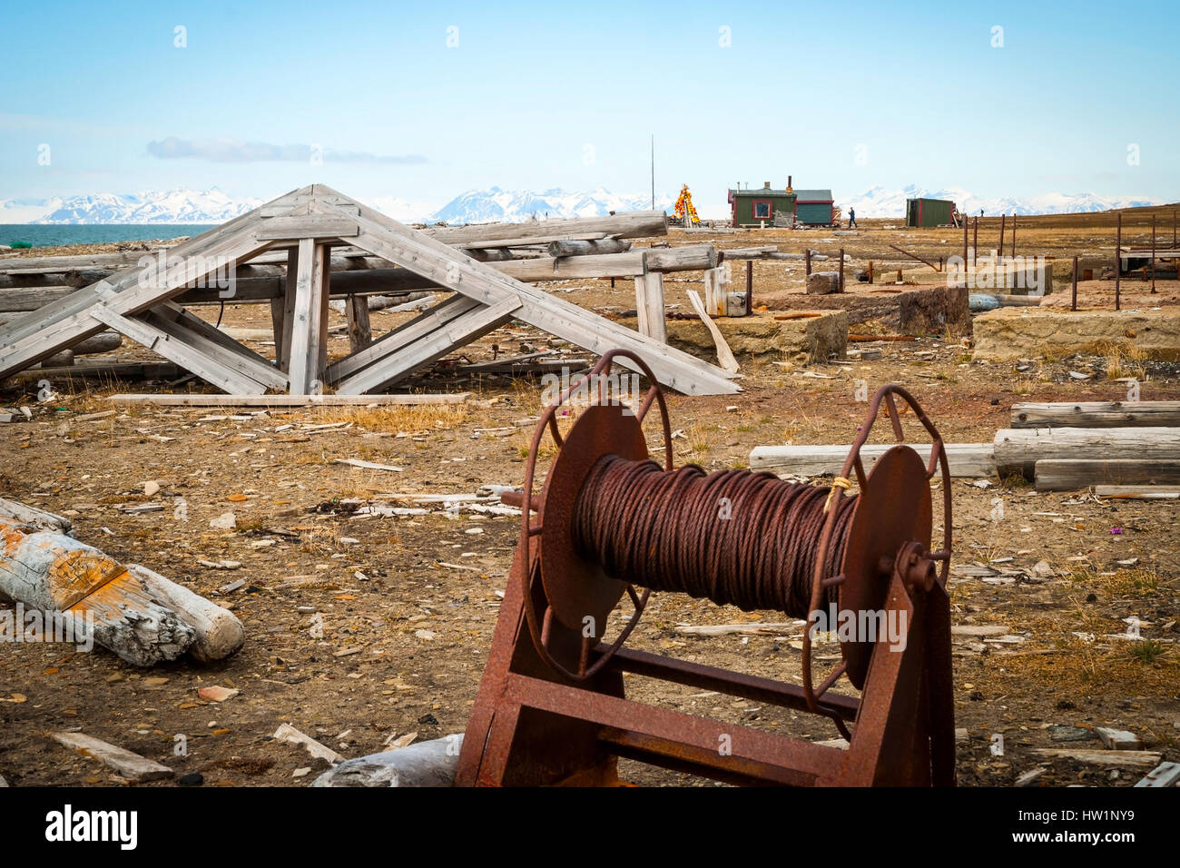 Old rusted mining equipment on the shore in Svalbard, Norway Stock ...