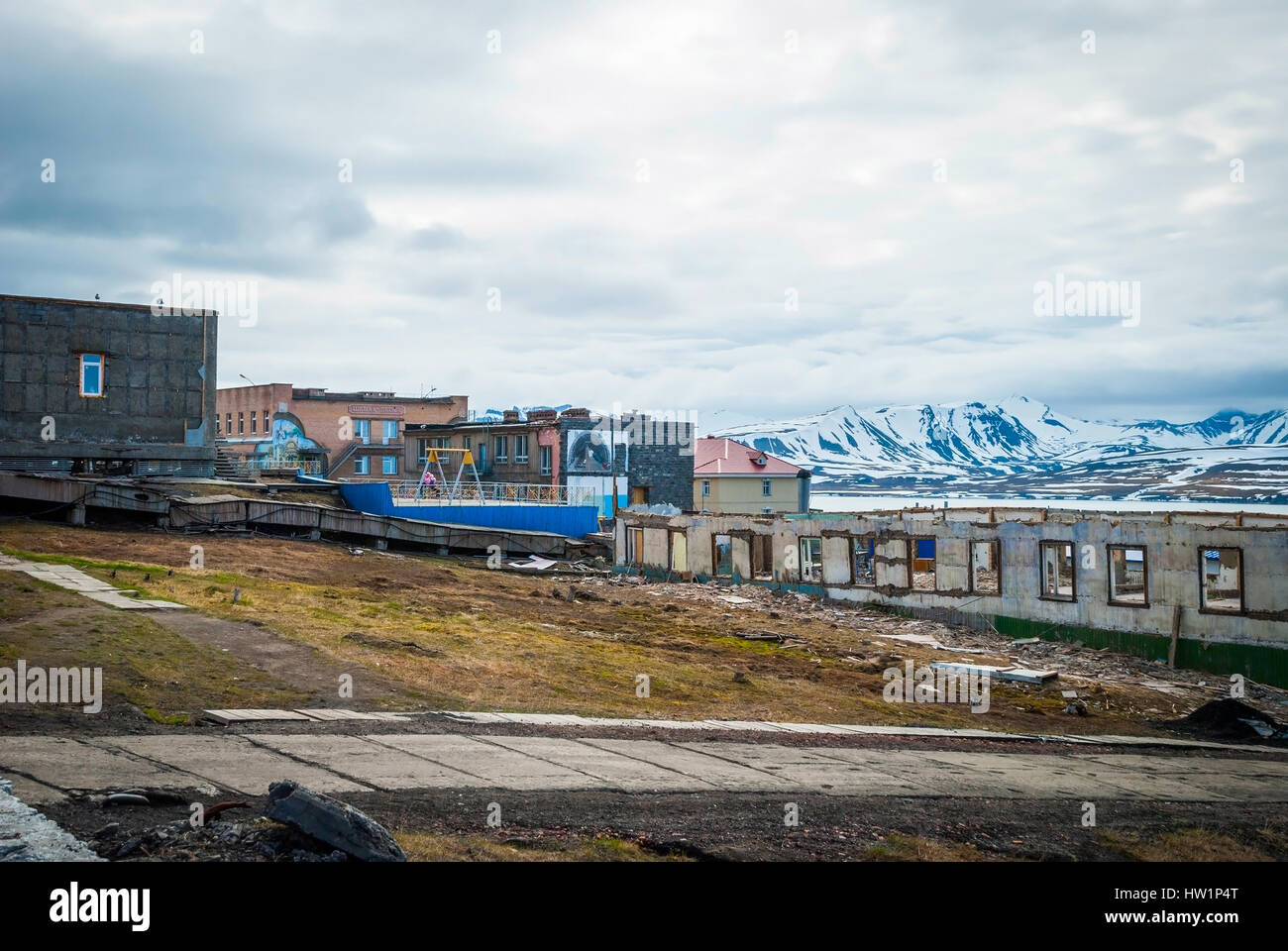 Destroyed buildings in Barentsburg, industrial russian city in Svalbard ...