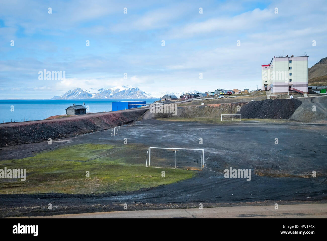 Football field in Barentsburg, Russian settlement in Svalbard, Norway ...