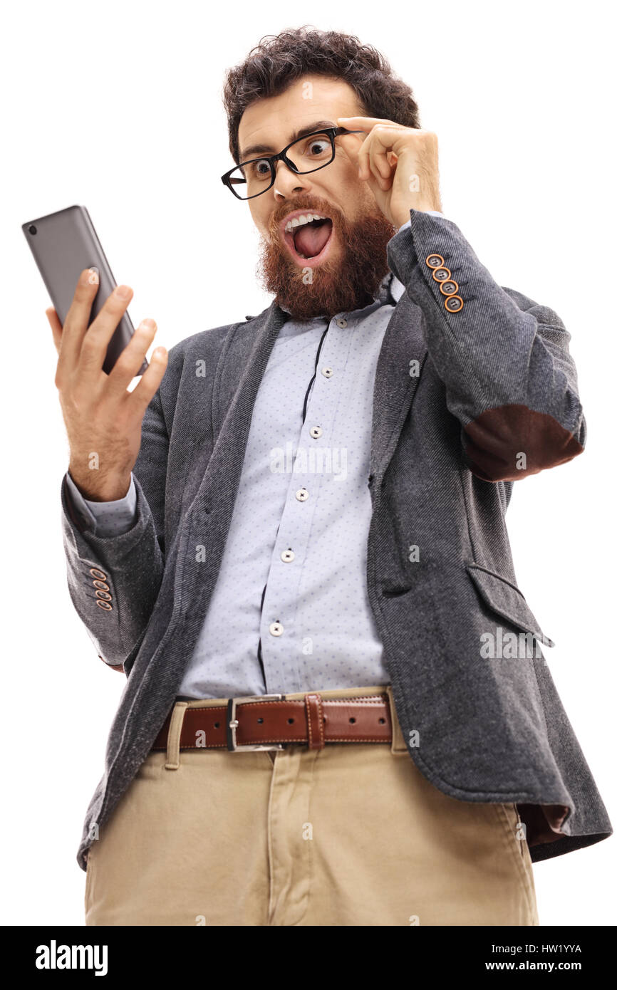 Surprised Bearded Man Looking At A Phone Isolated On White Background