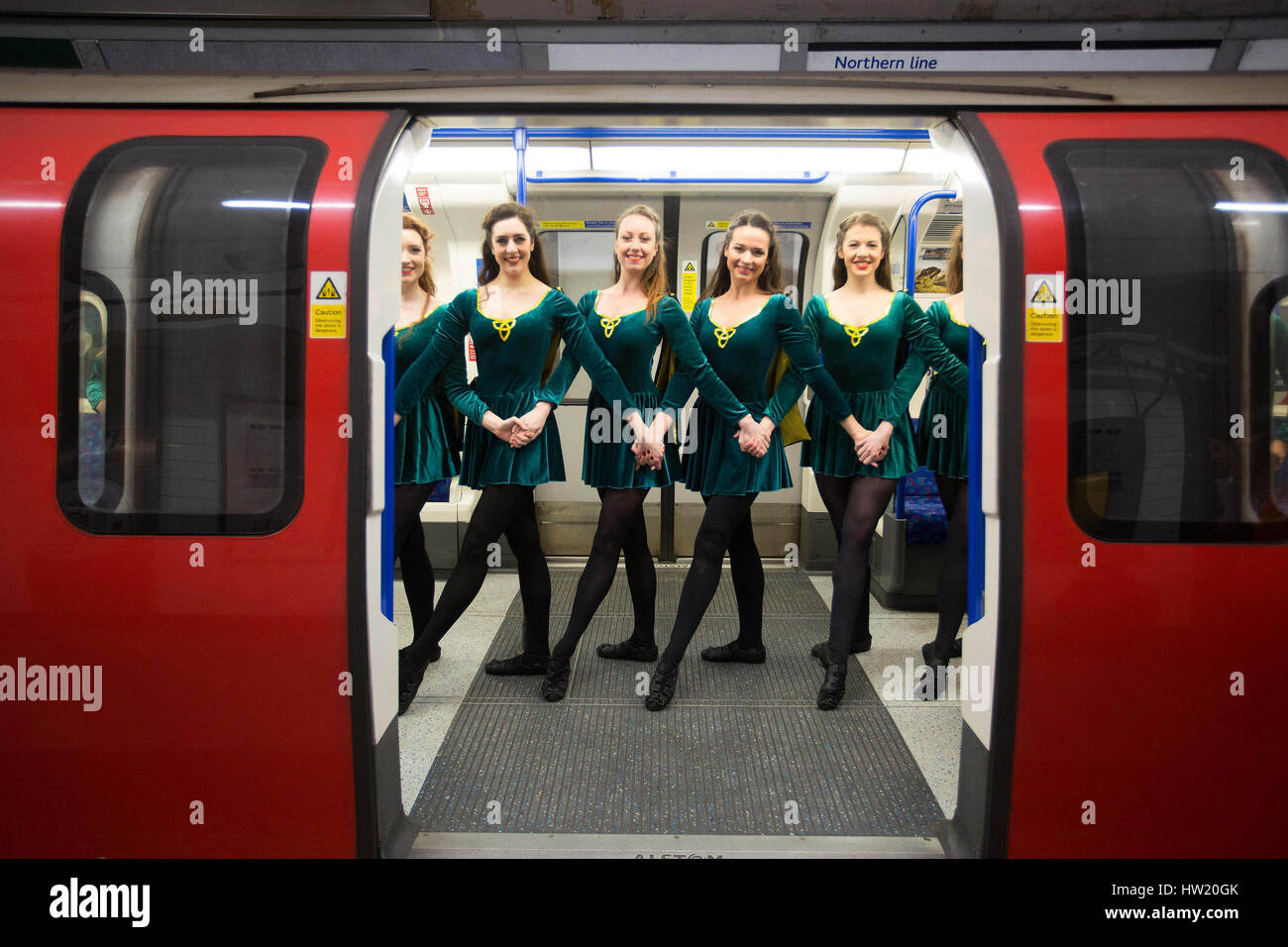 EDITORIAL USE ONLY Irish dancers in Tottenham Court Road underground ...