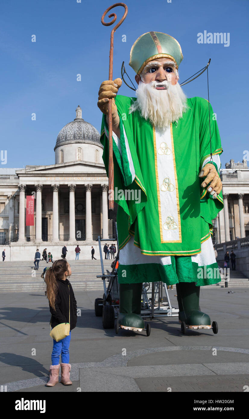 EDITORIAL USE ONLY A 16ft tall puppet of St Patrick in Trafalgar Square ...