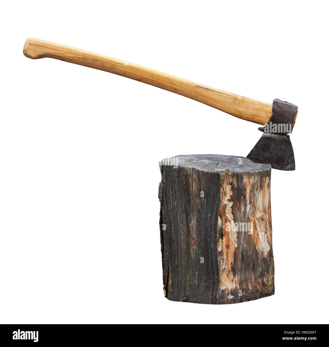 Axe and log isolated on white background Stock Photo - Alamy