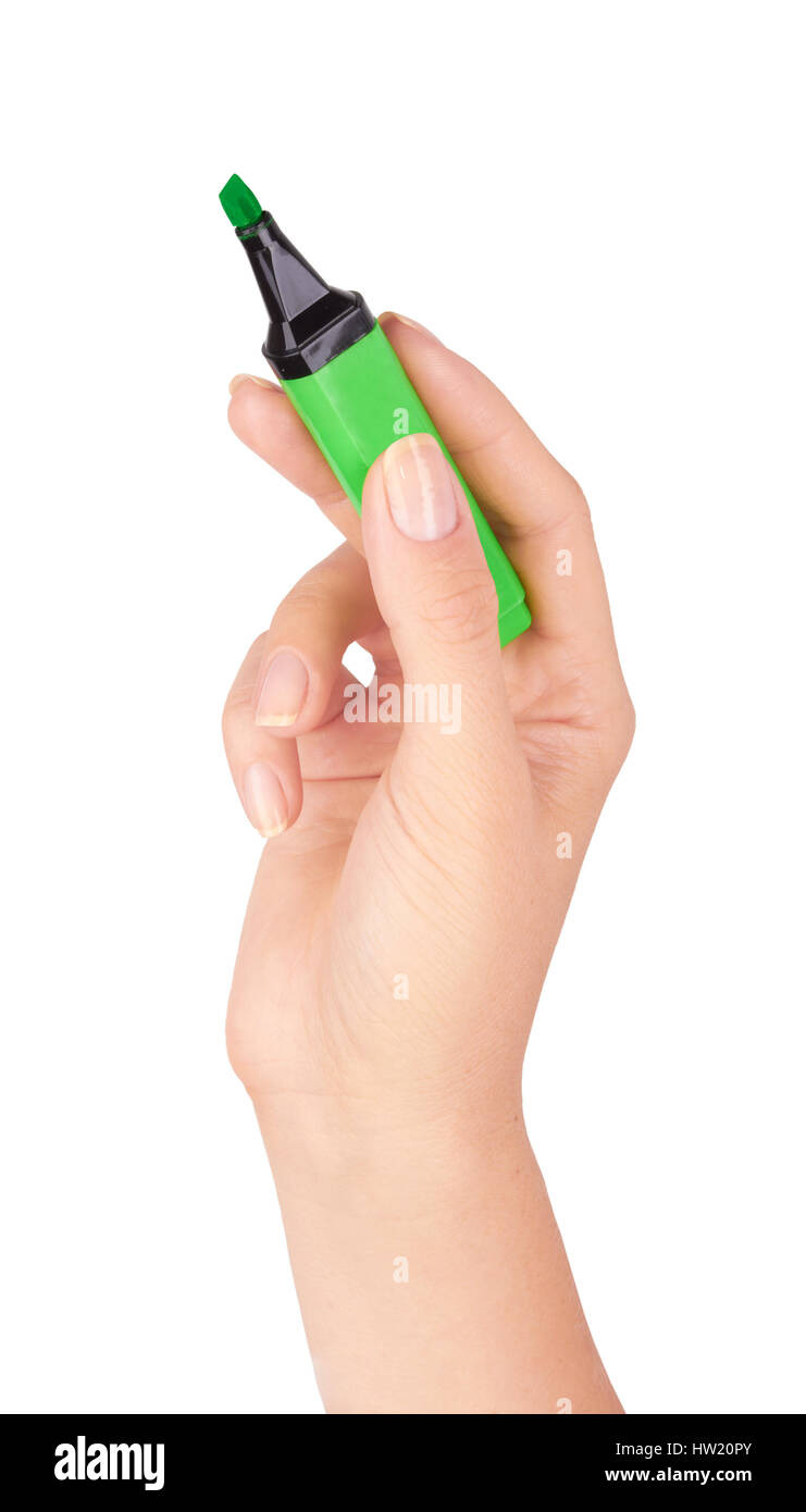 Green highlighter in hand isolated on white background Stock Photo - Alamy
