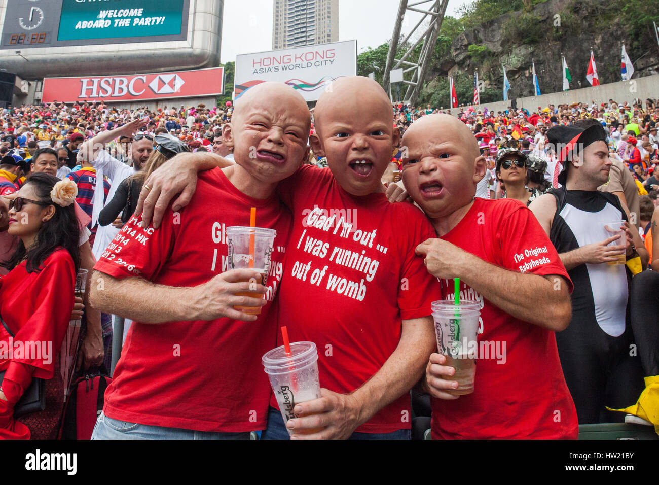 Hong Kong, China. 9th April,2016. Member of crowd wear a silicone face ...