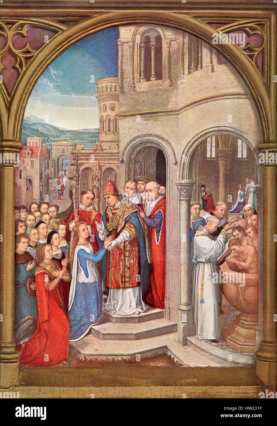 Detail of the Reliquary of Saint Ursula, 1489. Saint Ursula arriving at ...