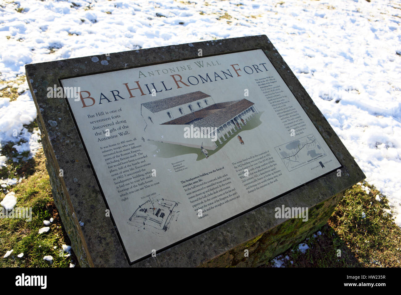 Bar Hill Roman Fort sign part of the Antonine Wall near Tweeter in East ...