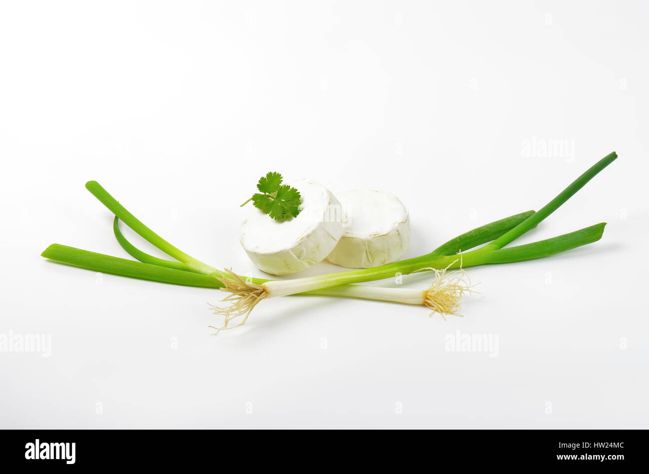 Wheels of soft white cheese and spring onion Stock Photo - Alamy