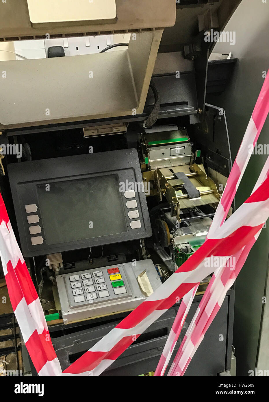 Broken Cash machine all taped up Stock Photo - Alamy