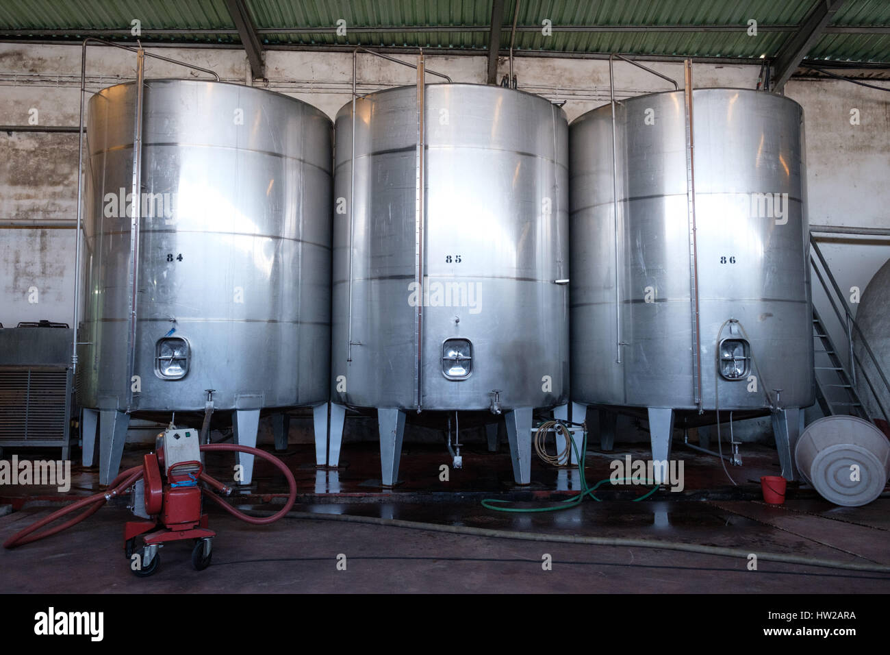 Stainless steel vats for wine fermentation at Caves Primavera in the ...
