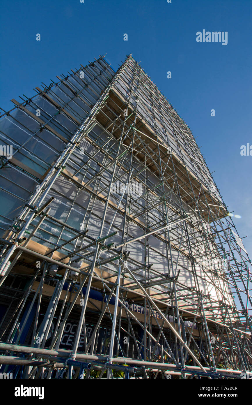 view looking up at the construction of temporary scaffolding structure ...