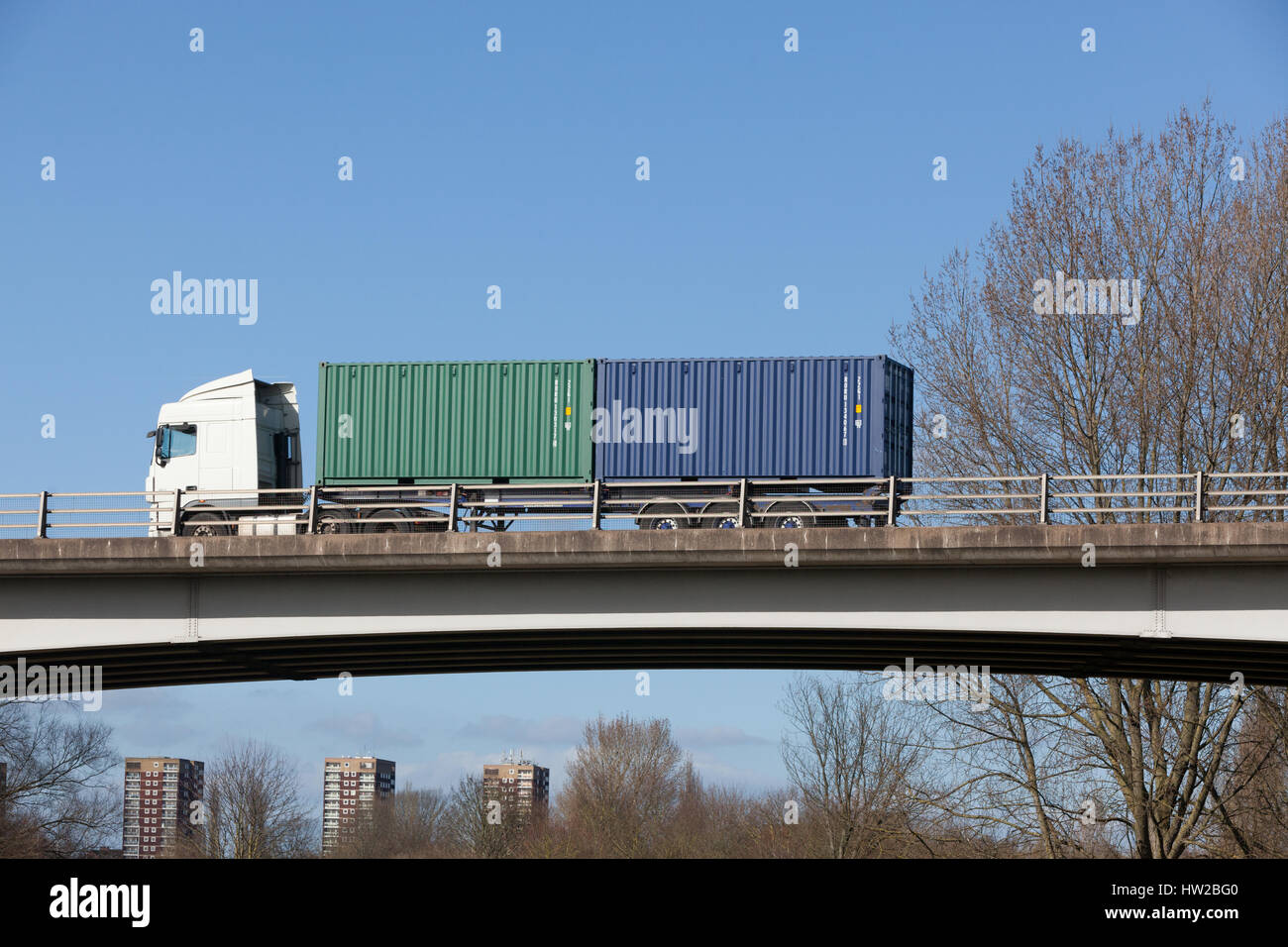 Two containers being transported through the Midlands on a lorry Stock ...