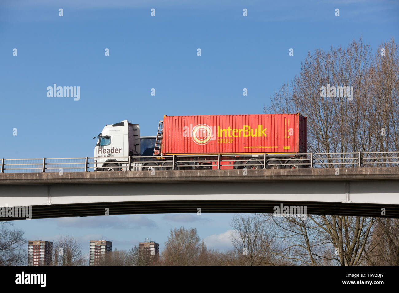Interbulk container on the road on a lorry in the Midlands Stock Photo ...