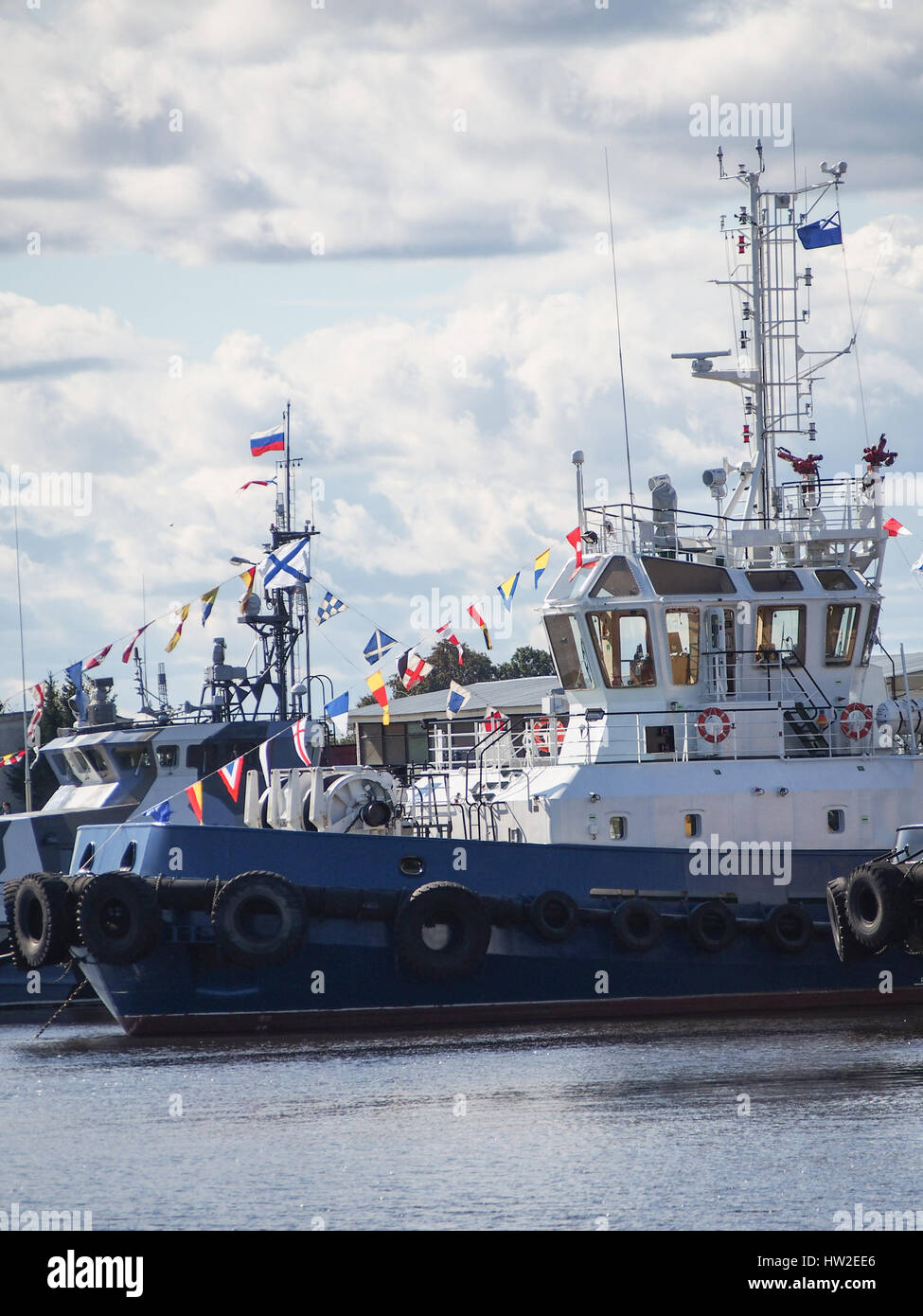 Russian naval ship with flags flying in Kronstadt Russia Stock Photo ...