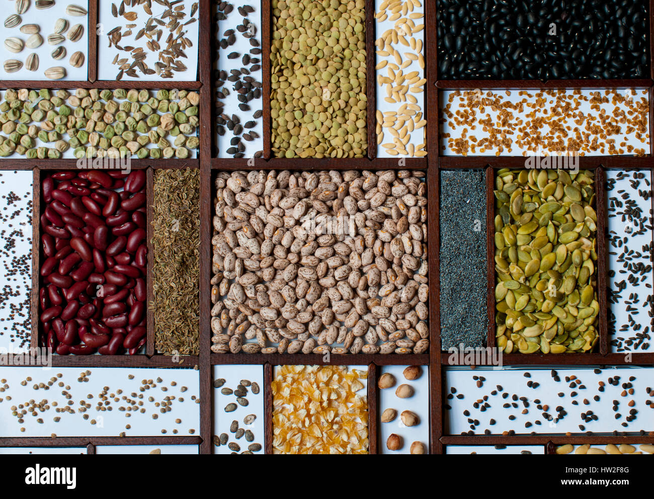Display of dried seeds, beans, corn, for edible crops or seasoning ...