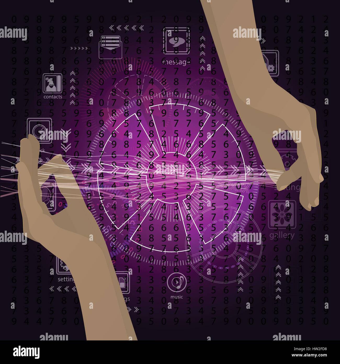 The concept of a network of internet hands pull the thread information ...