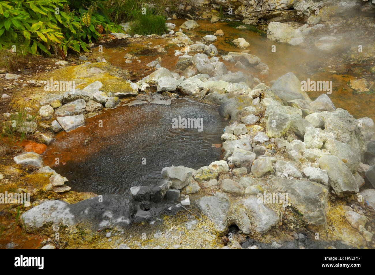 Geothermal pool of water bubbling up from ground in volcanic landscape ...