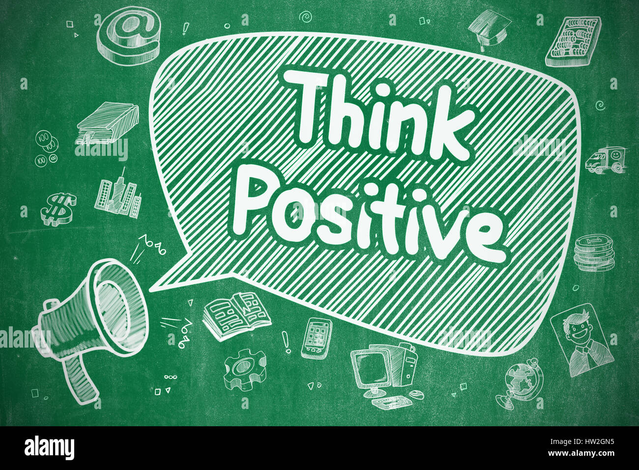 Think Positive - Cartoon Illustration on Green Chalkboard Stock Photo ...