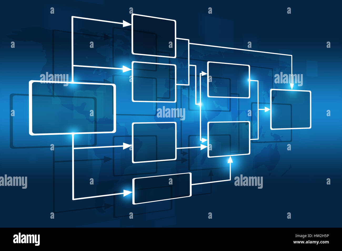 concept business flow chart on blue world map Stock Photo - Alamy