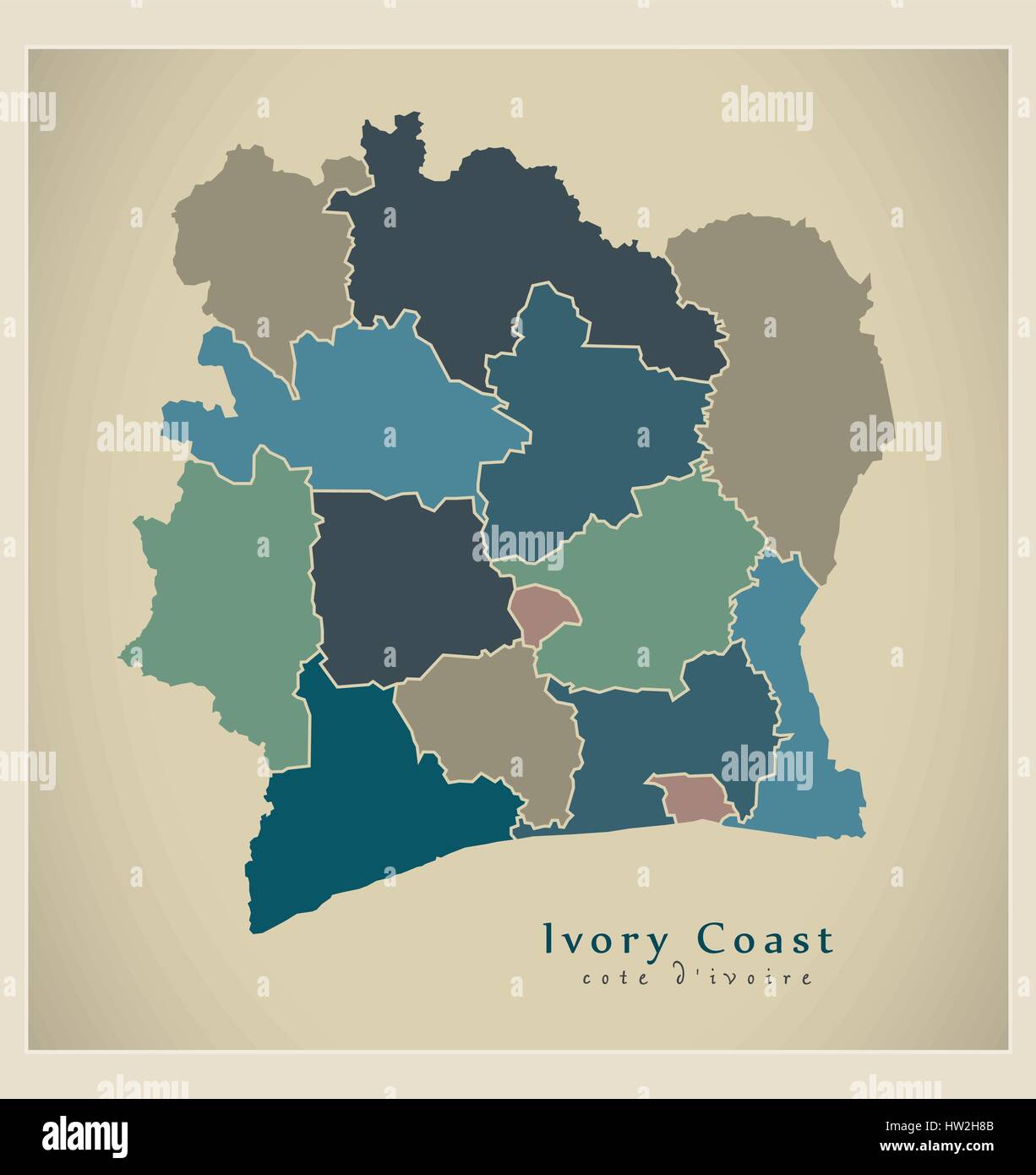Modern Map - Ivory Coast with districts colored CI illustration ...