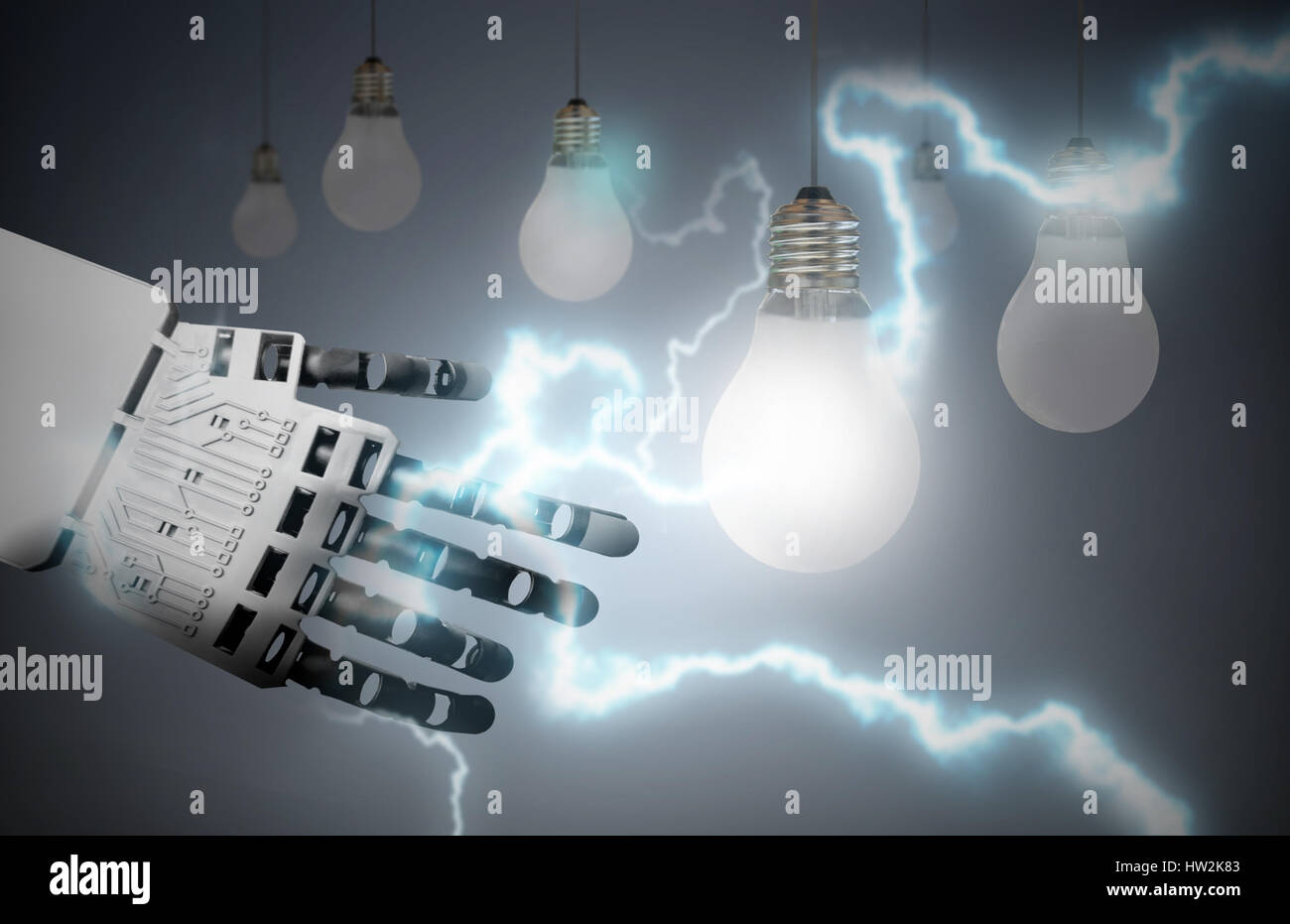 Robot hand lighting bulb with a bolt of lightening electricity Stock ...