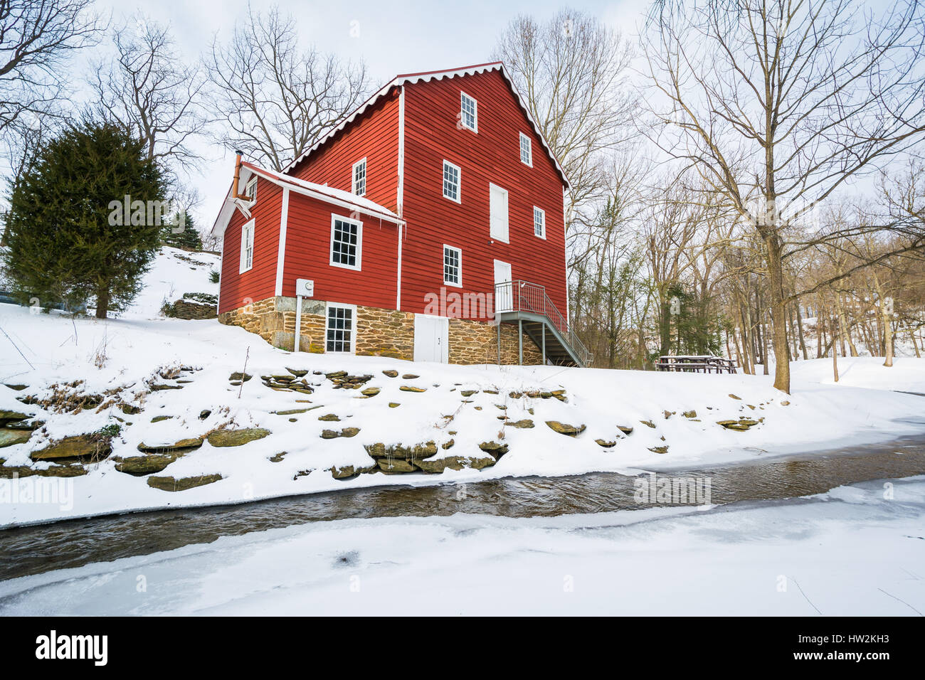 Snow and the Wallace-Cross Mill, in Felton, Pennsylvania Stock Photo ...