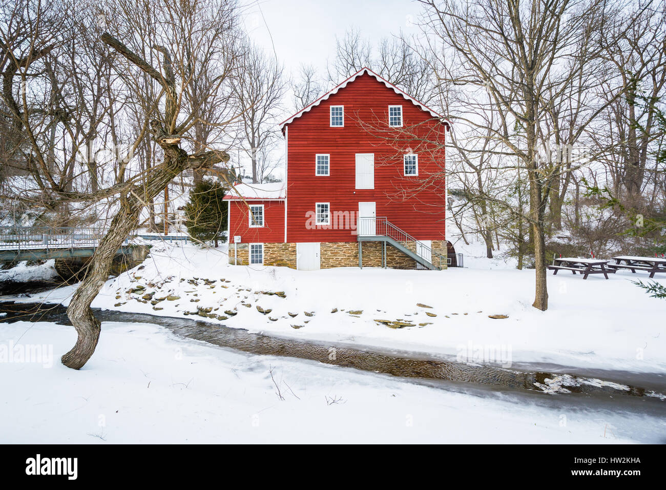 Snow and the Wallace-Cross Mill, in Felton, Pennsylvania Stock Photo ...