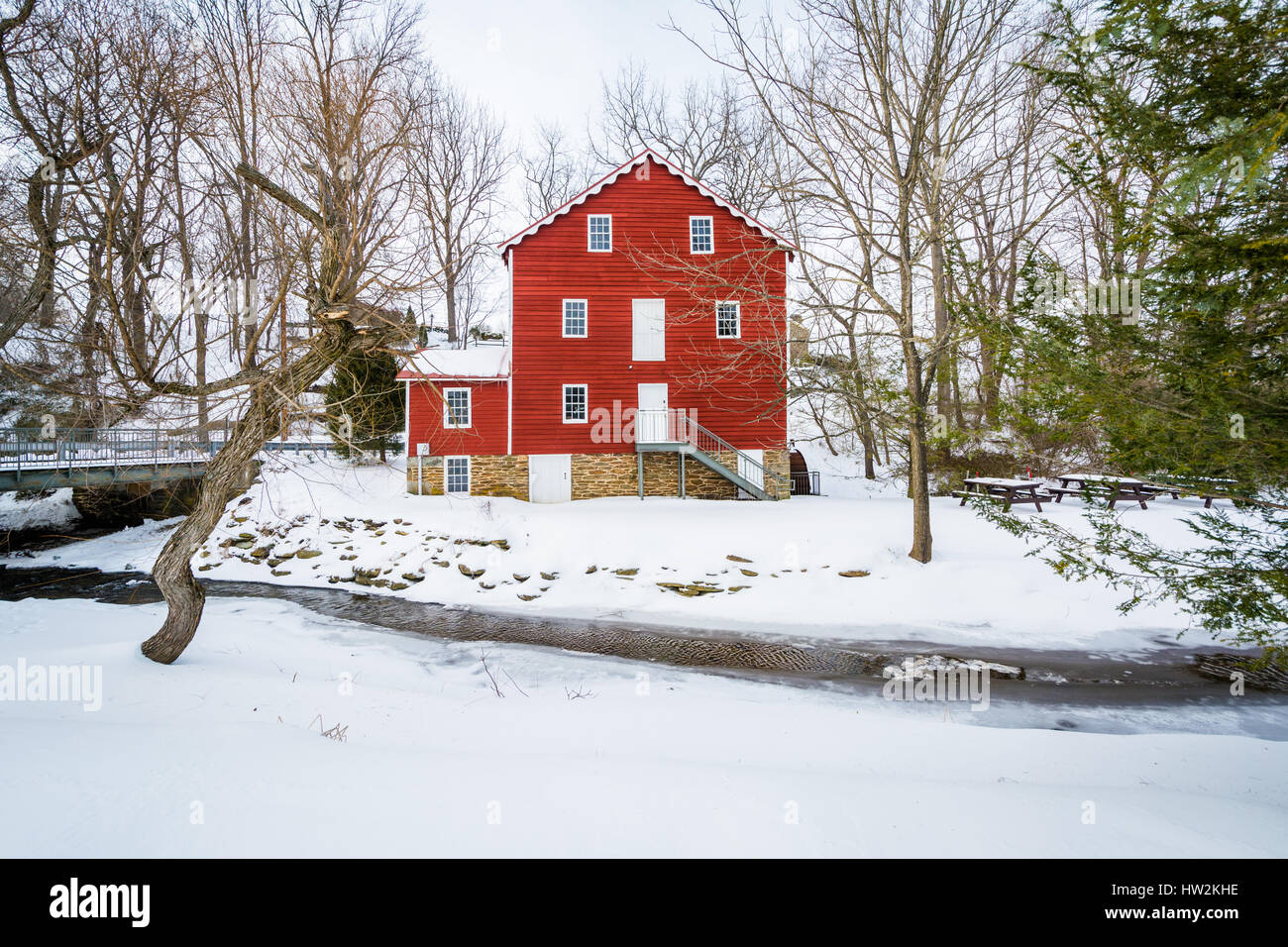 Snow and the Wallace-Cross Mill, in Felton, Pennsylvania Stock Photo ...