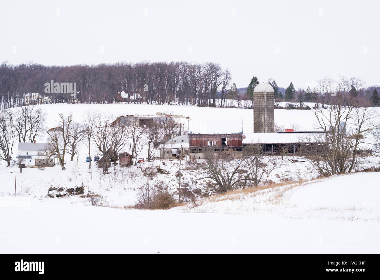 View of a snow covered farm in a rural area of York County ...