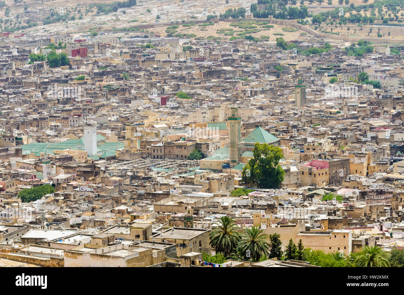 Aerial view of historical Moroccan Arabic town Fez with its city wall ...