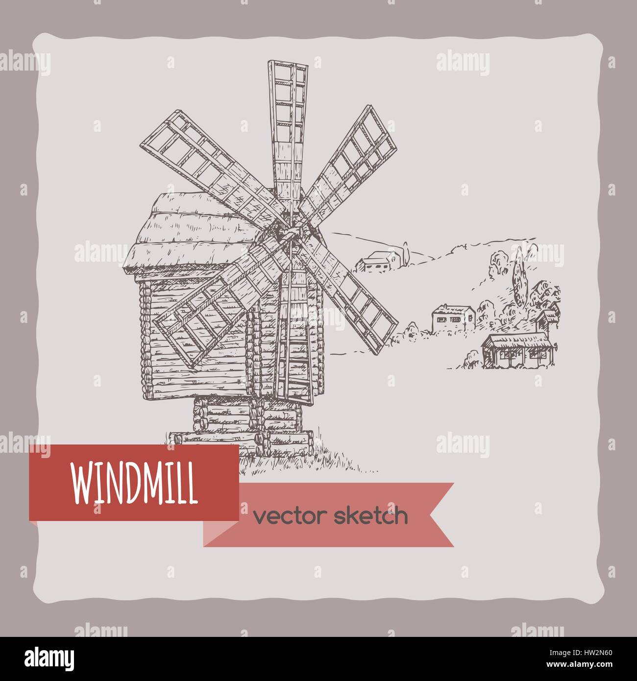 Wooden windmill and hill landscape hand drawn vector sketch Stock ...