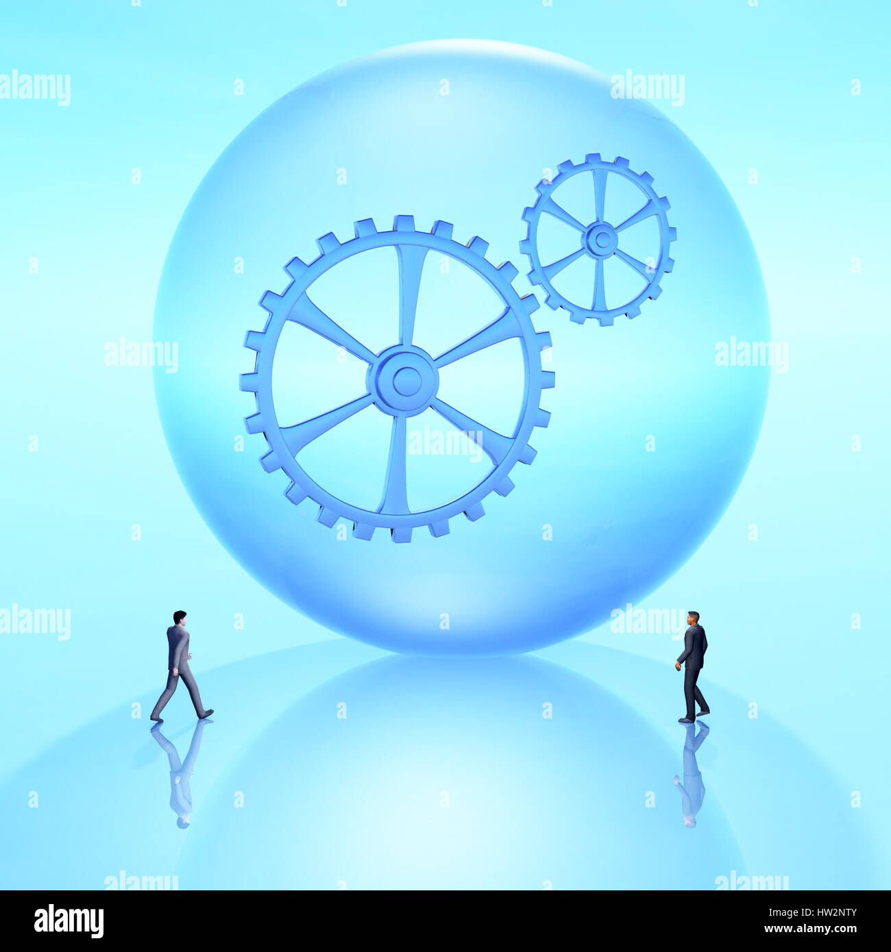 Giant future crystal ball with gears and business people coming ...