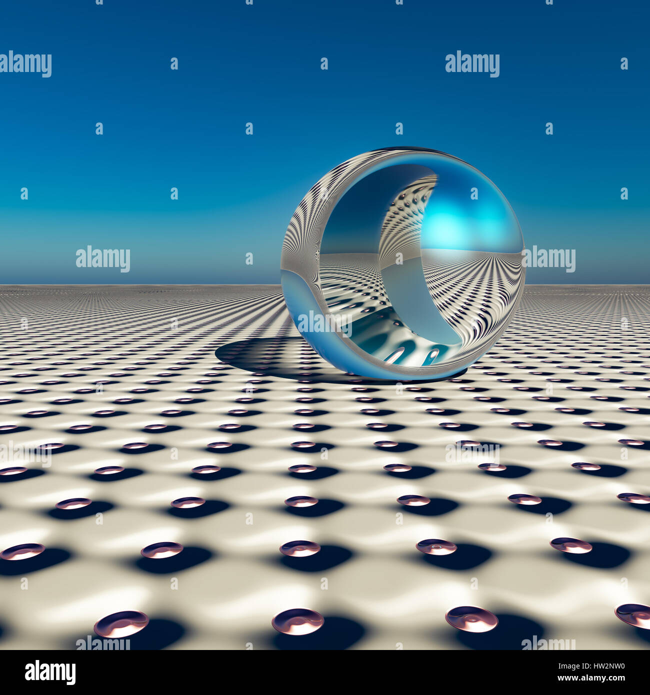 A dimple pattern horizon with an abstract surreal chrome sphere of the ...