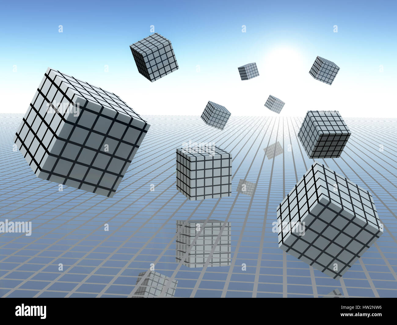 Grid plane on horizon sky with abstract cube graphs in motion, 3d ...