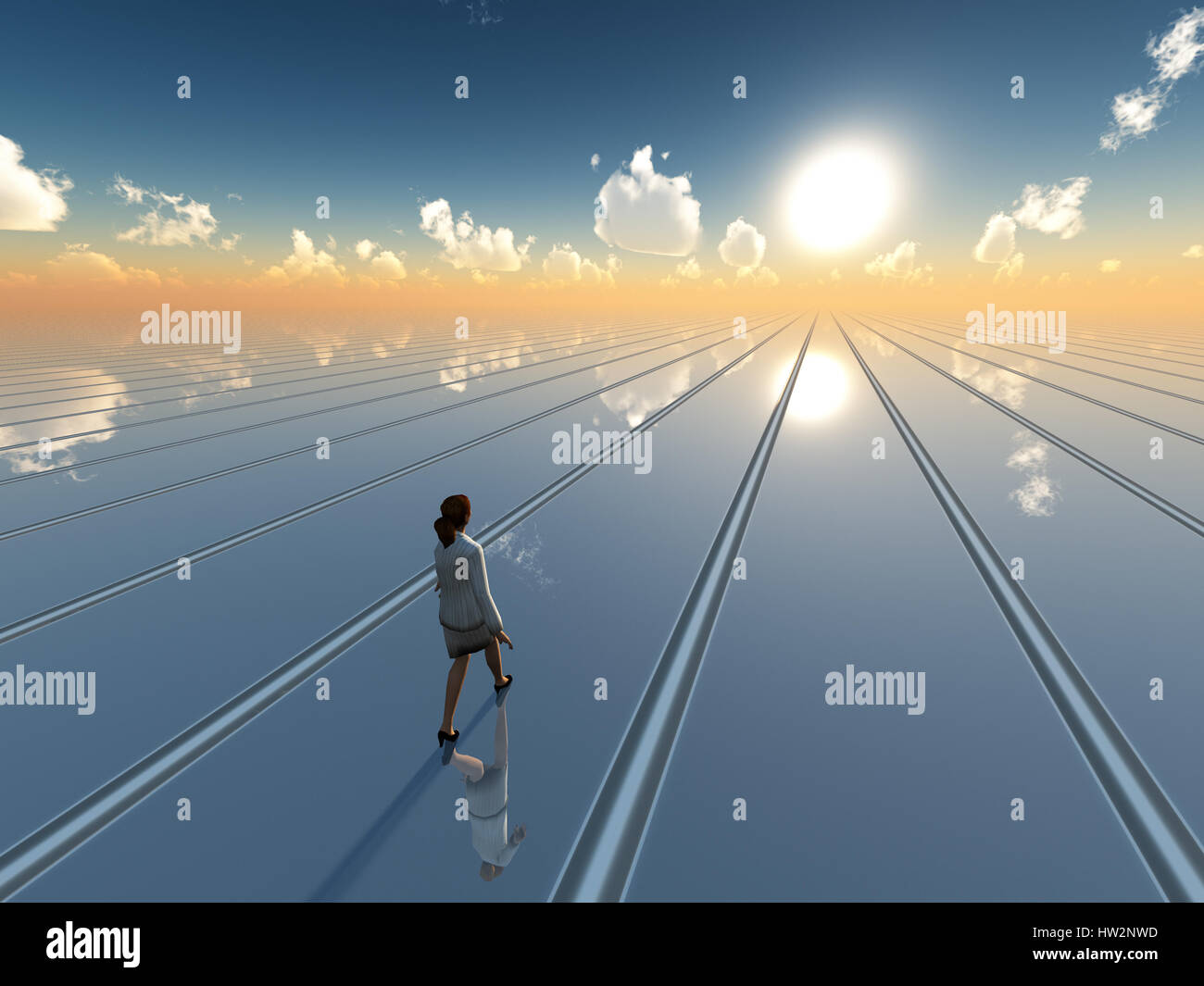 A business woman walking toward future sun on surreal grid plane ...
