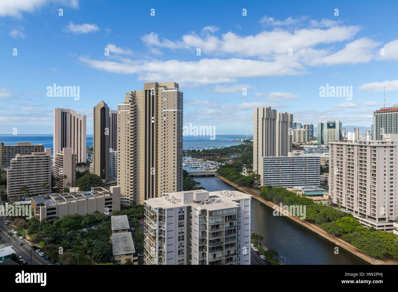Honolulu City and Ocean view with the Ala Wai Canal and boat harbor ...