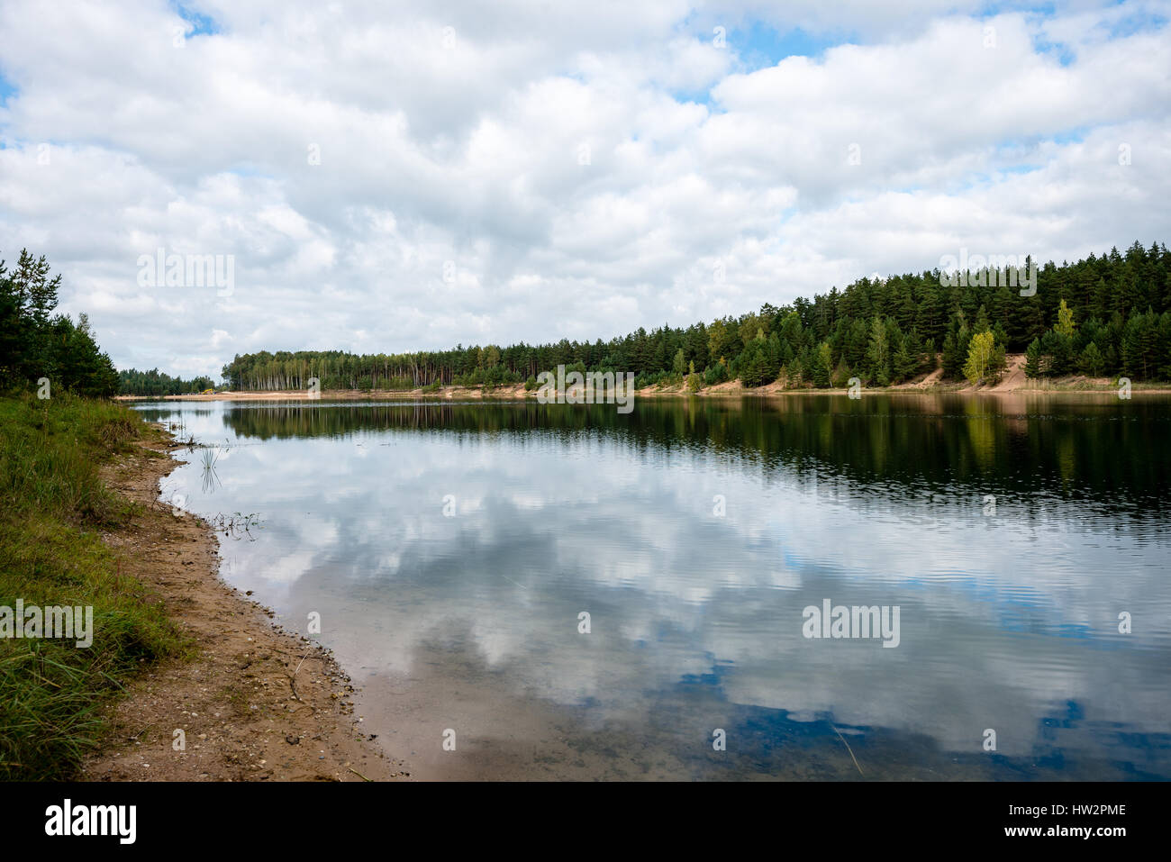 calm lake with reflections of clouds in summer with forest in ...