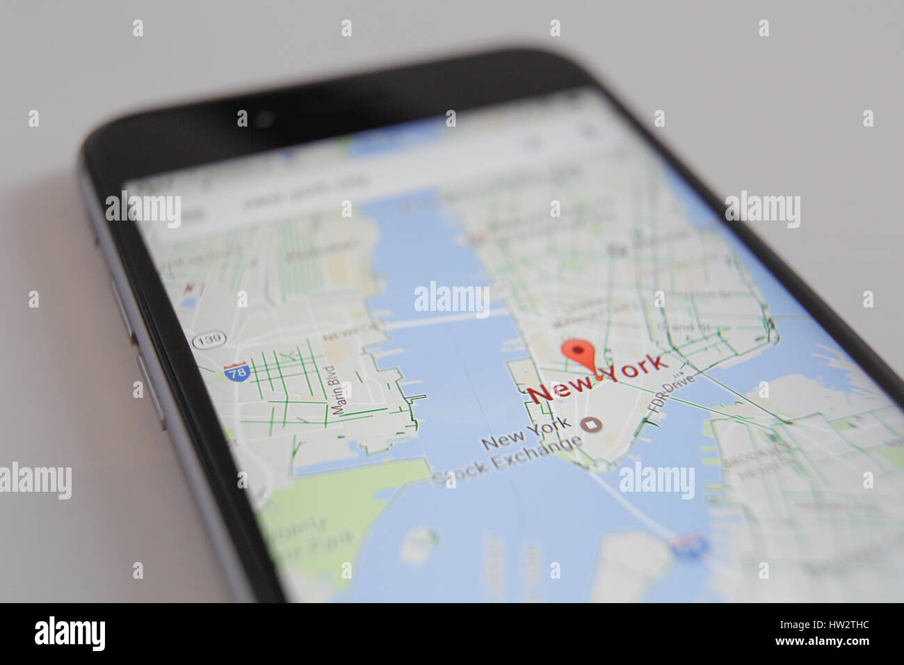 The Google Maps app is seen displaying part of the Manhatten district ...
