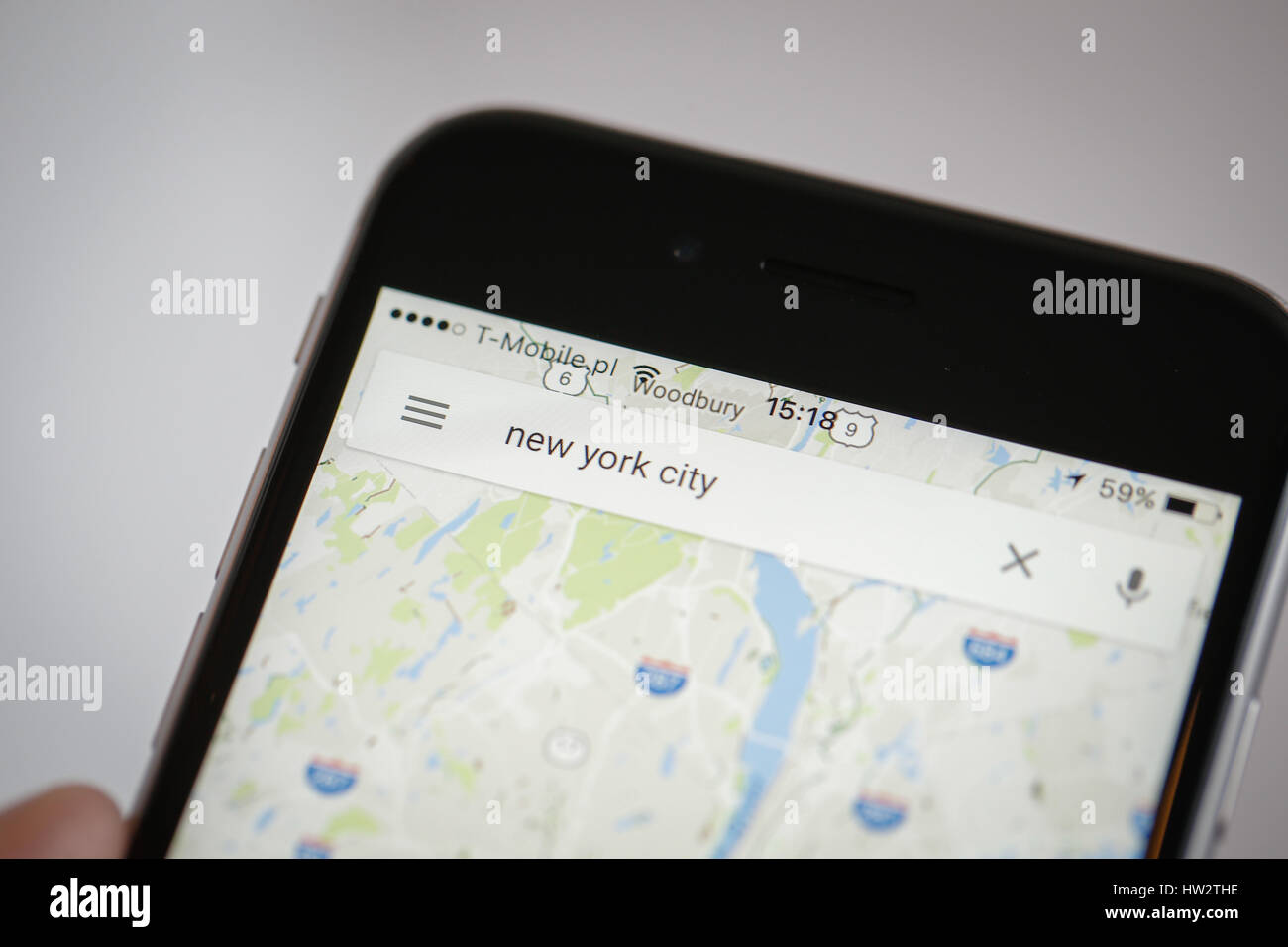 The Google Maps app is seen displaying part of the Manhatten district ...