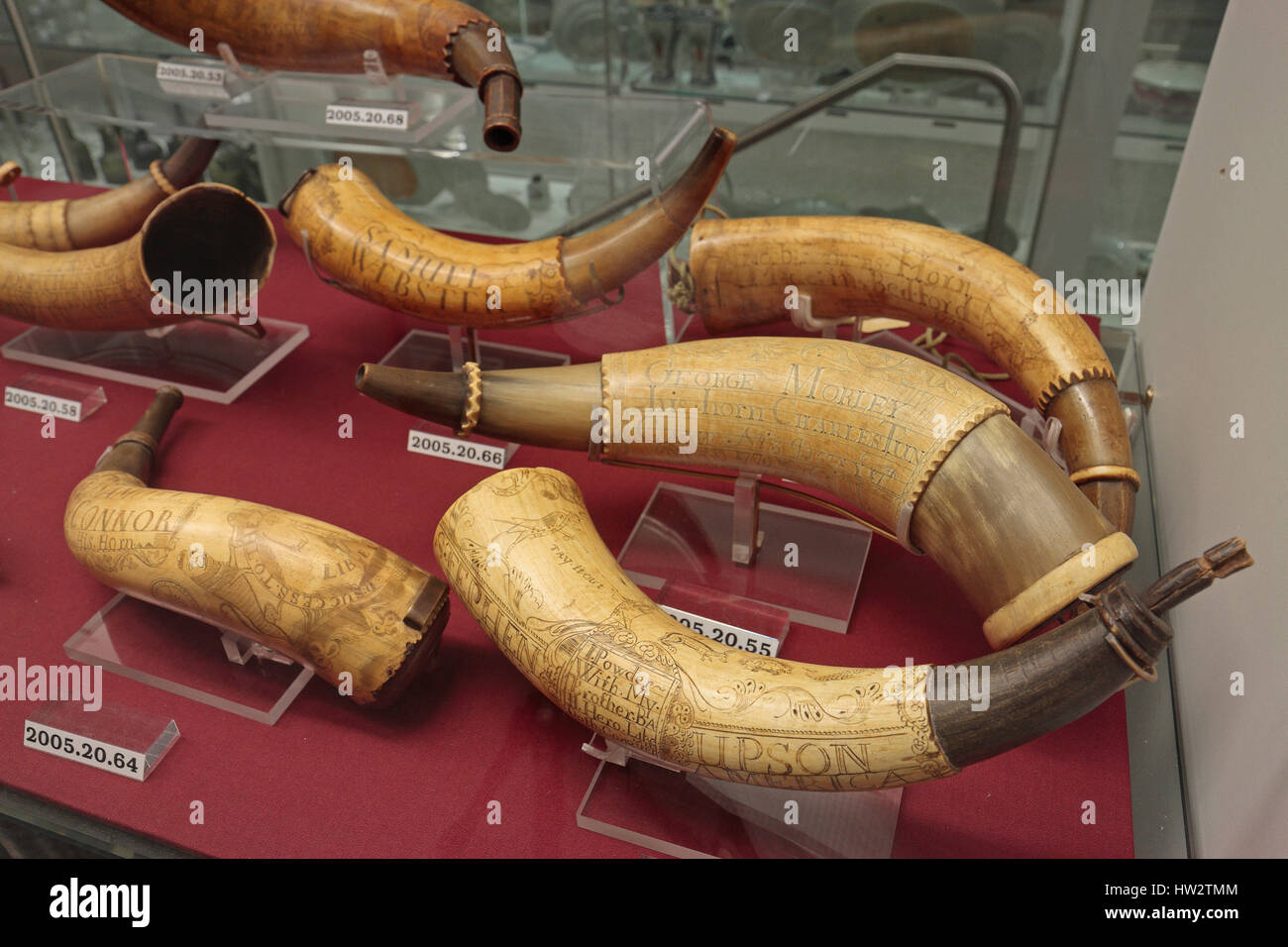 Powder horns on display in the Flynt Center of Early New England Life ...