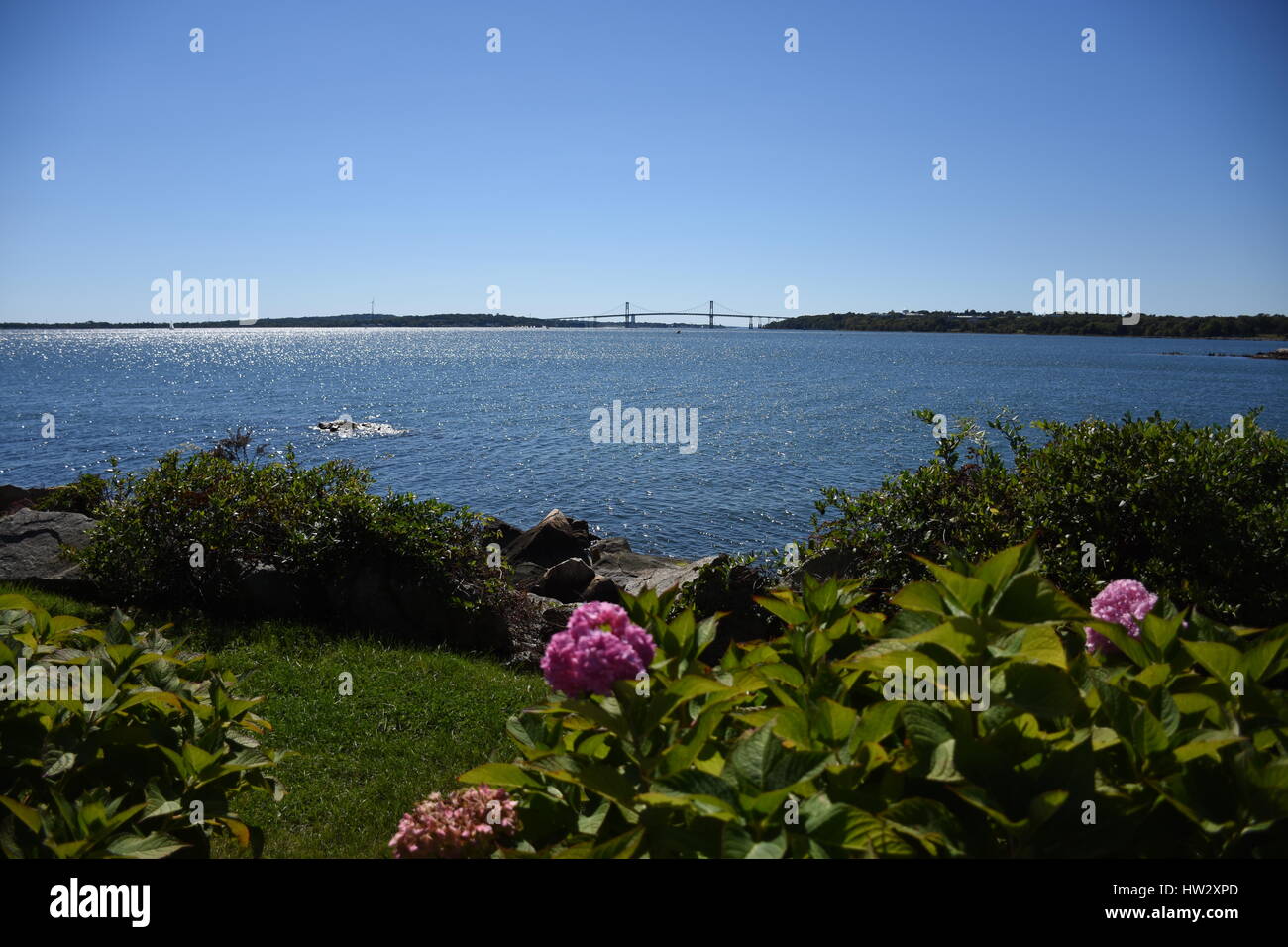 View of Mt. Hope Farm coast in foreground with Mt. Hope Bridge and bay ...