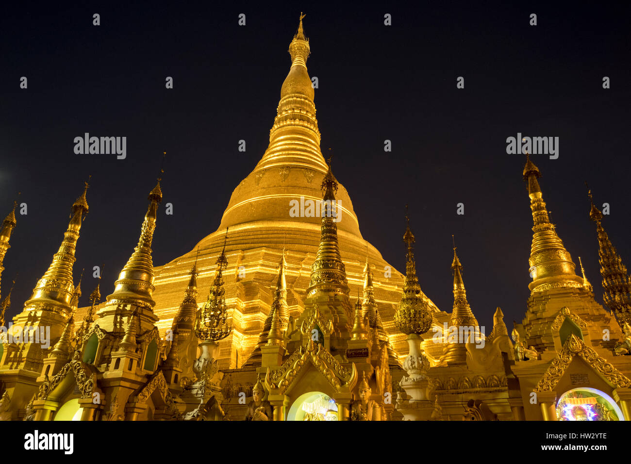 A night time scene of the Shwedagon Pagoda in Yangon, Yangon Region ...
