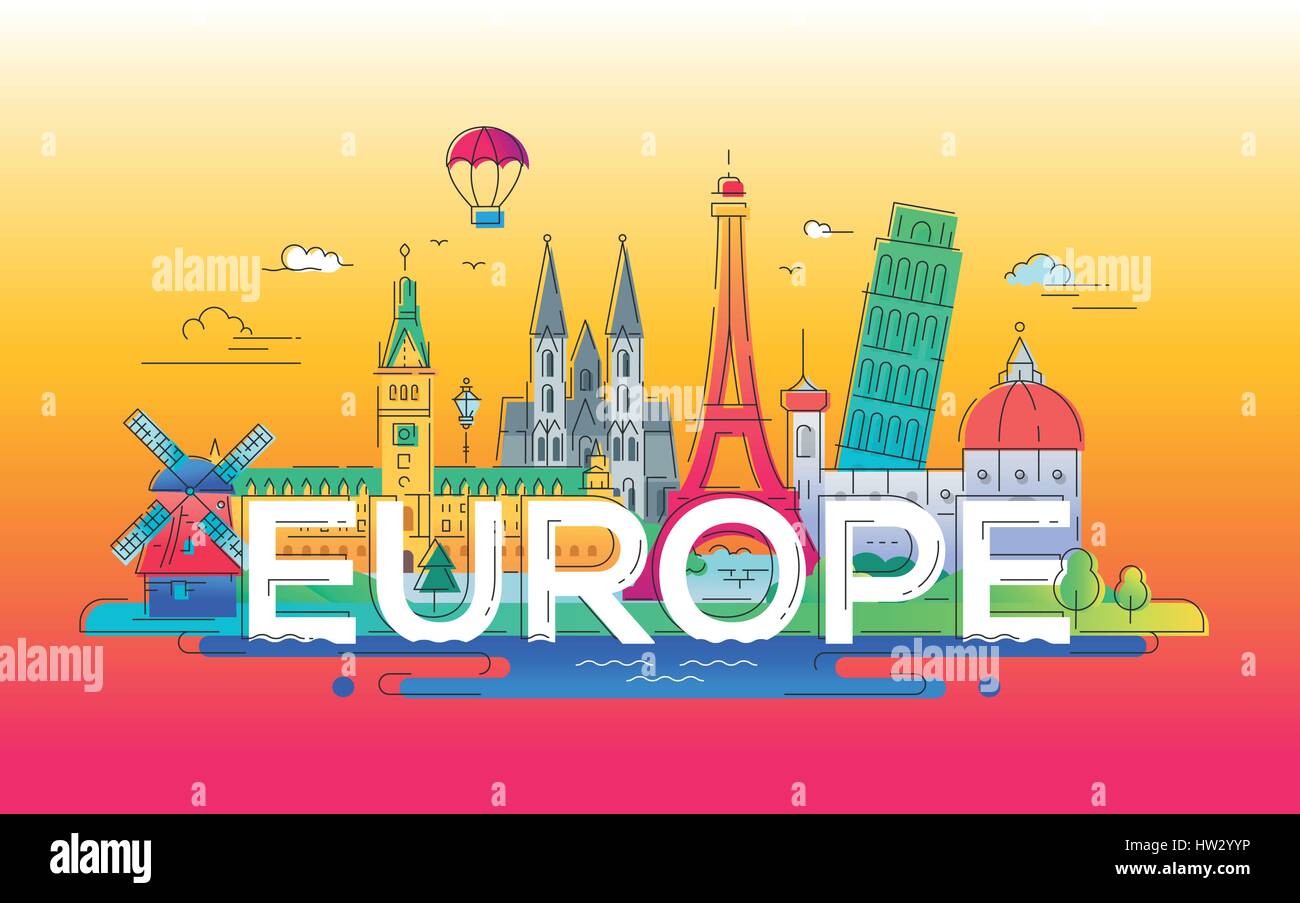 Europe - flat design composition with landmarks Stock Vector Image ...
